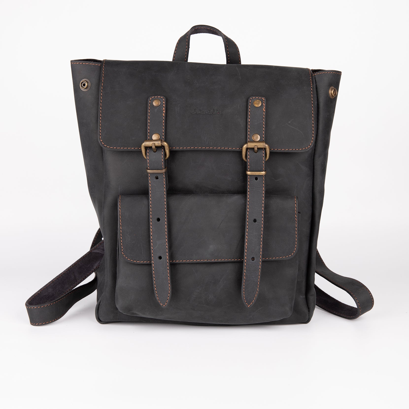Crazy Horse Leather Expandable Backpack - Black | Chicatolia