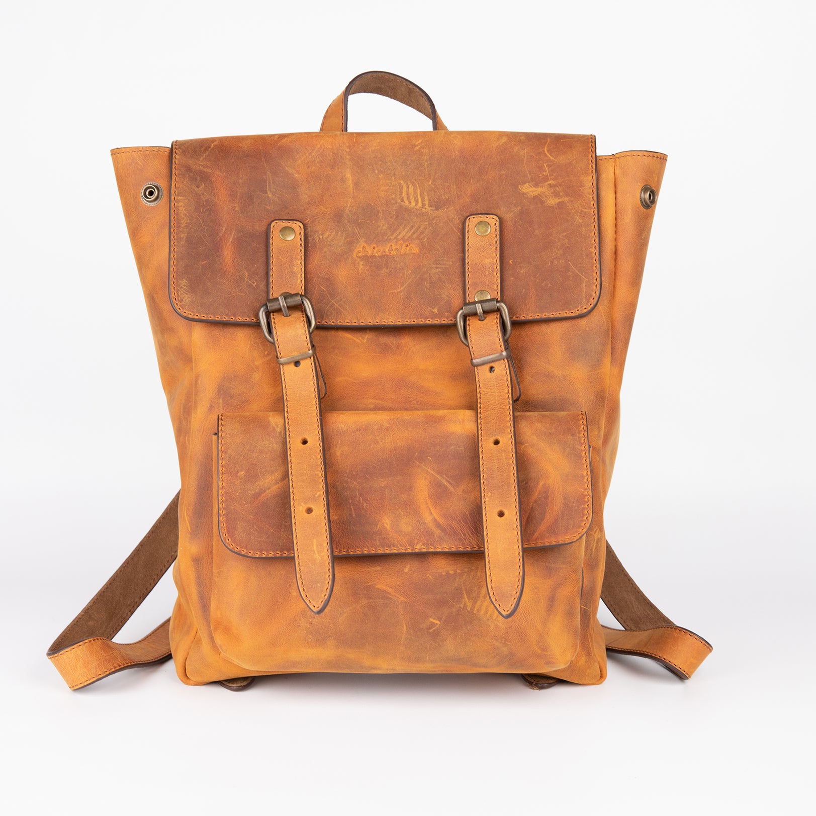 Crazy Horse Leather Expandable Backpack - Orange | Chicatolia