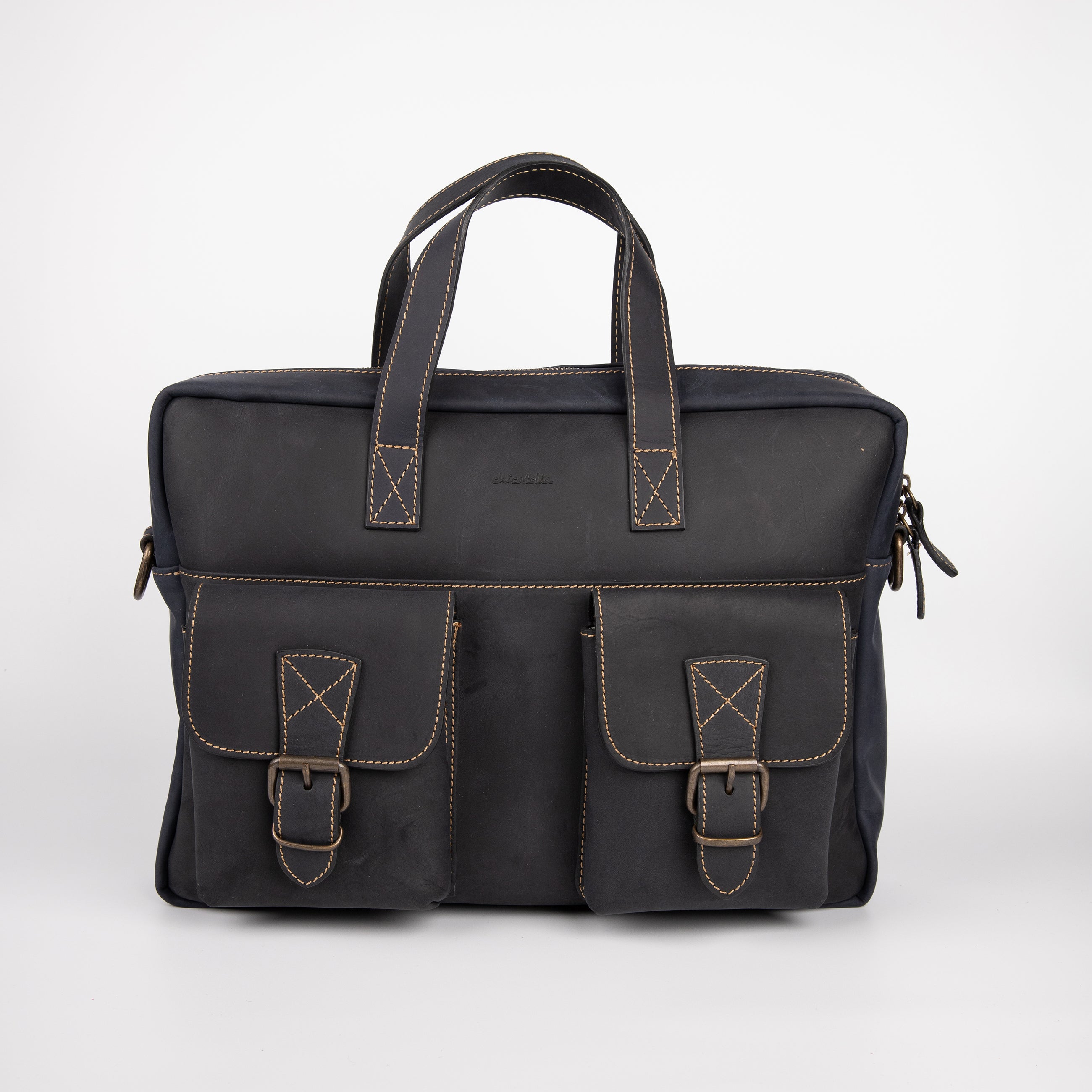 Two Pocket Belt Strap Briefcase - Black | Chicatolia