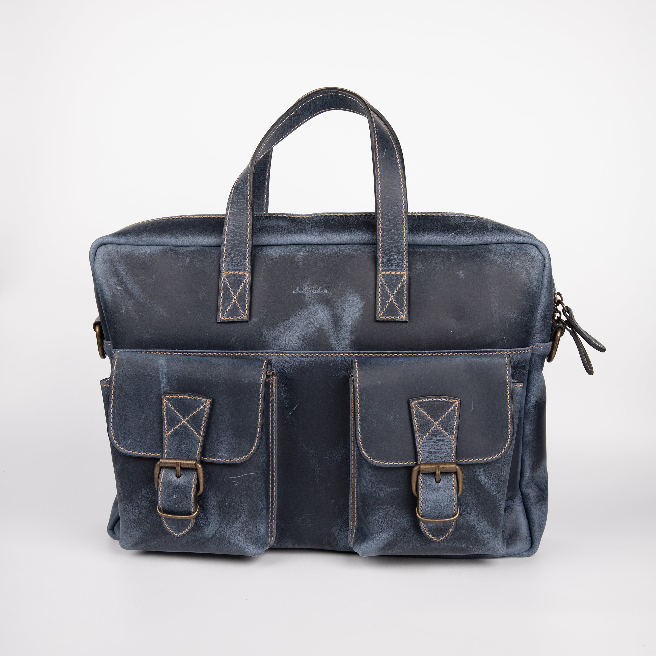 Two Pocket Belt Strap Briefcase - Dark Blue | Chicatolia