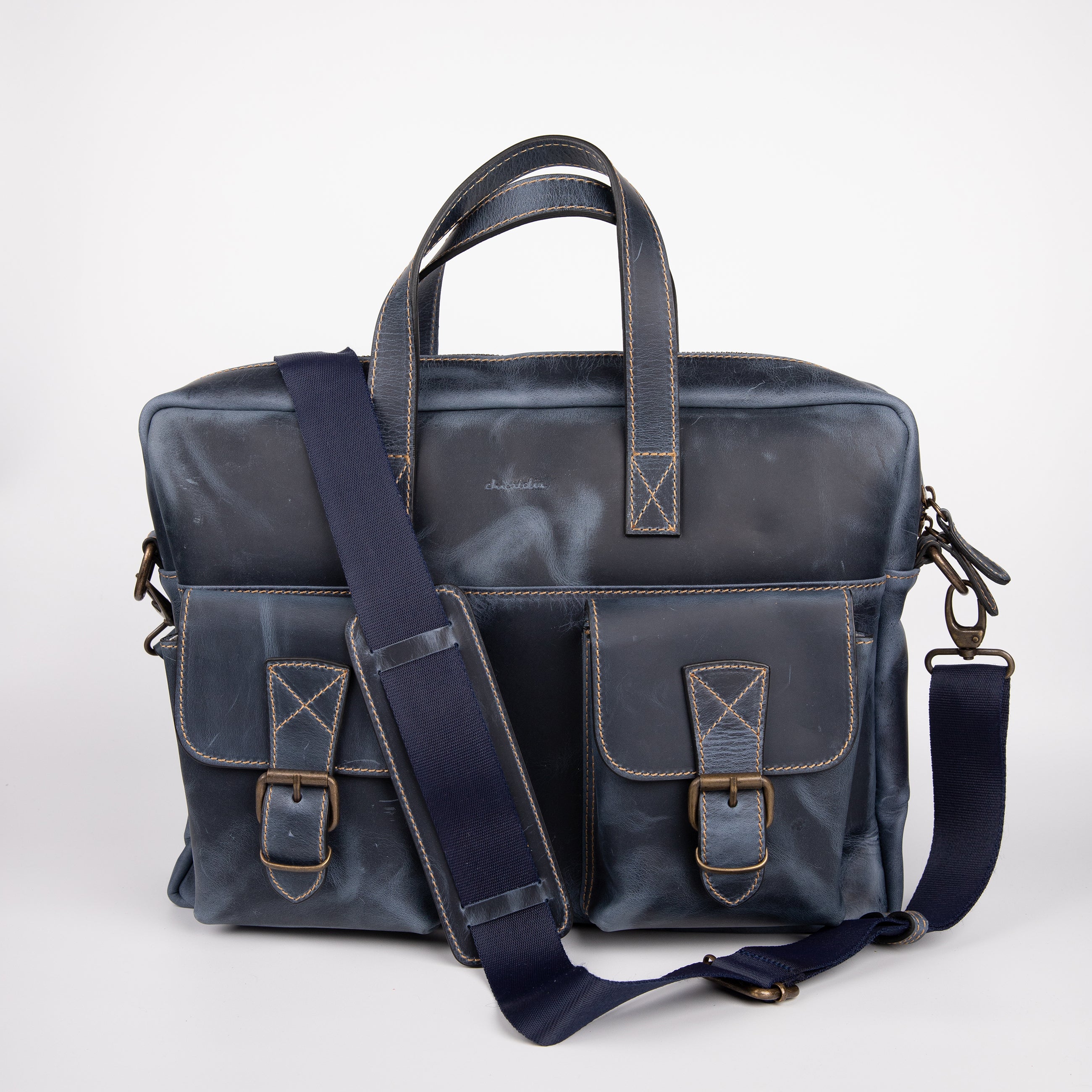 Two Pocket Belt Strap Briefcase - Dark Blue | Chicatolia