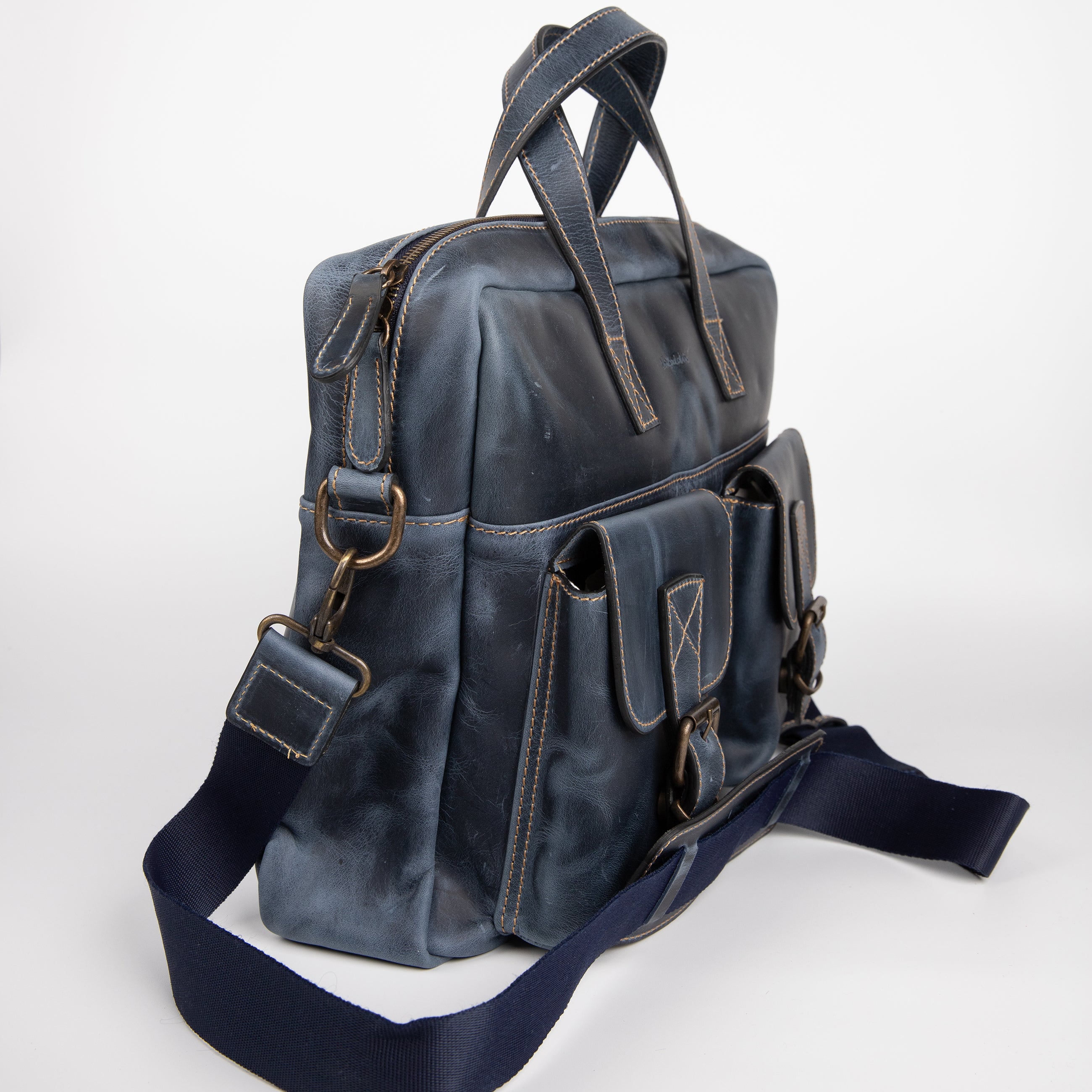 Two Pocket Belt Strap Briefcase - Dark Blue | Chicatolia